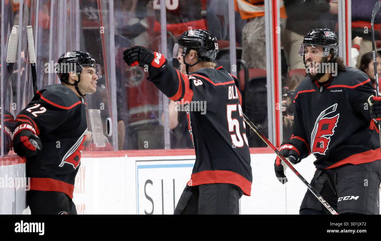 Carolina Hurricanes center Logan Stankoven (22) celebrates his goal ...