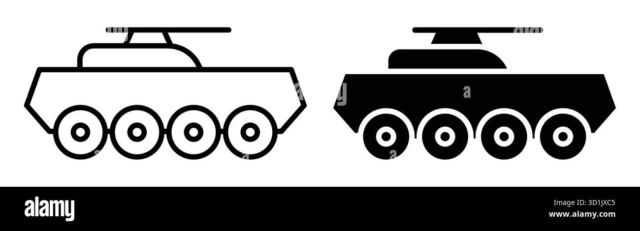 Set of black and white icons featuring military armored vehicles with ...