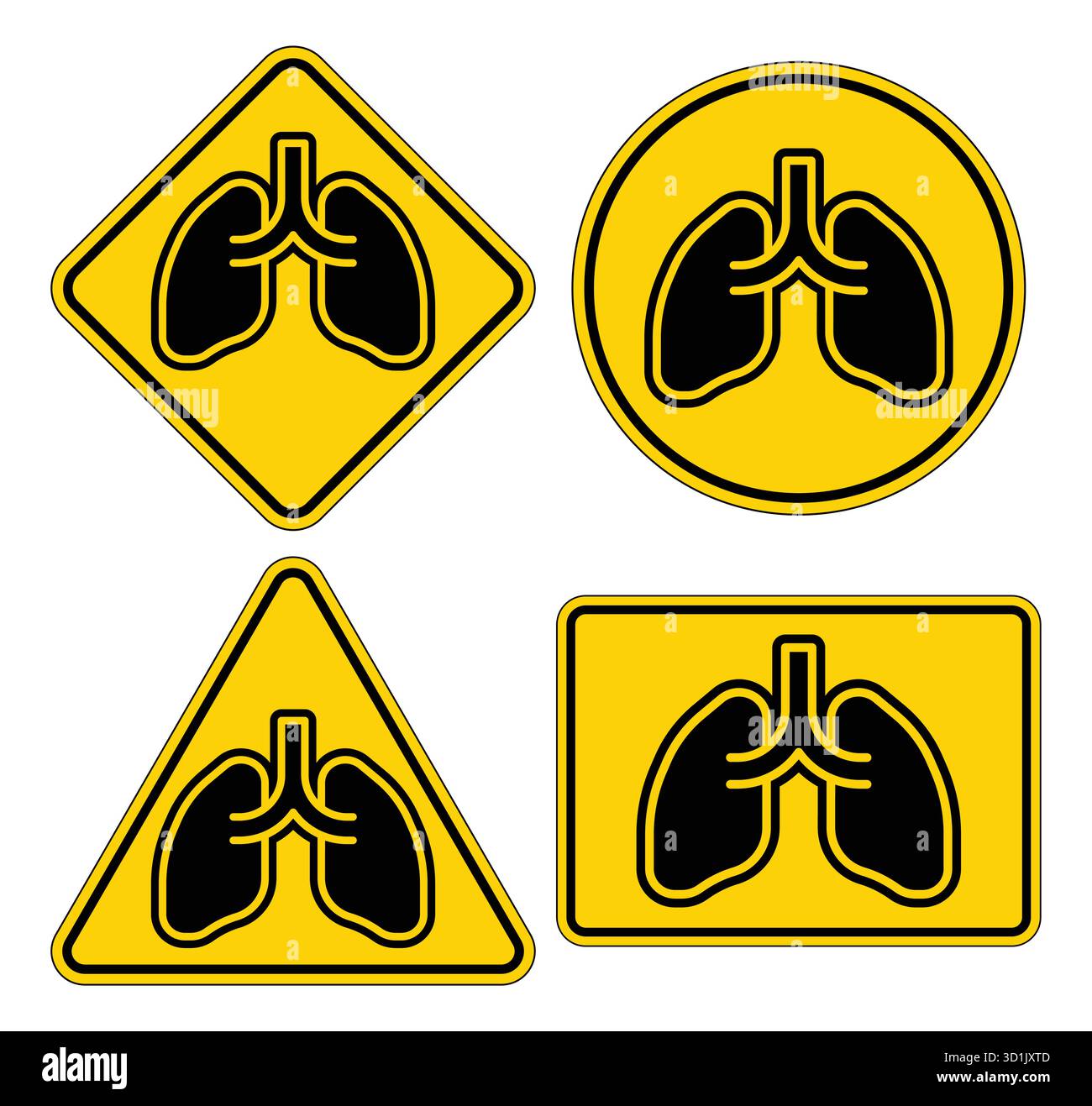 A set of vivid yellow warning signs featuring lung symbols. These icons ...