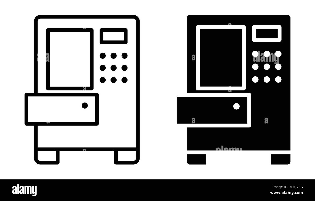 A minimalistic black and white outline illustration of a vending ...