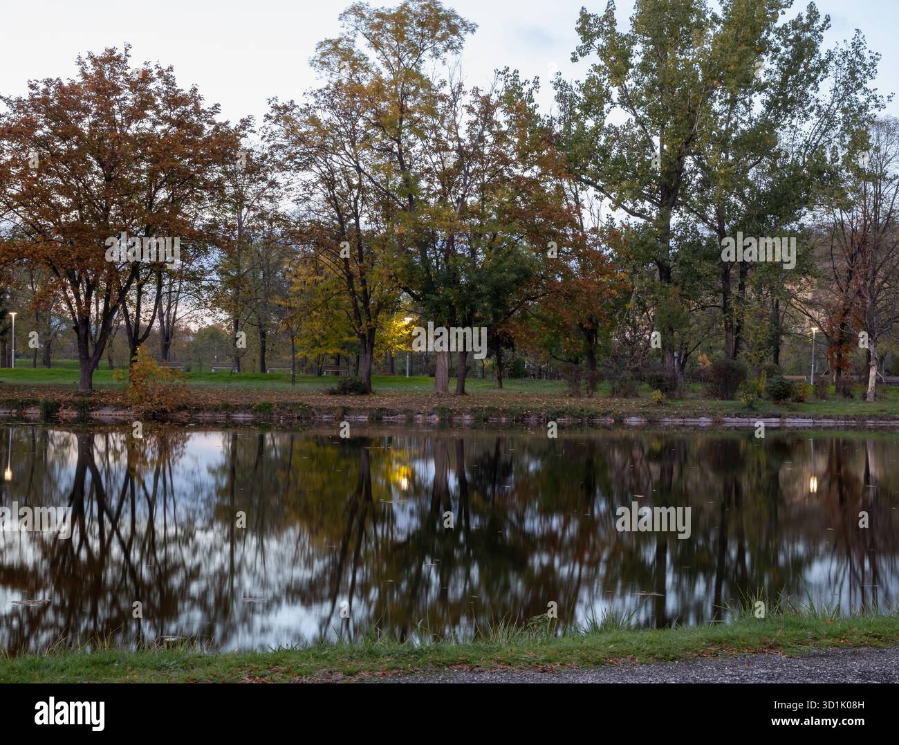 autumn trees with multi-colored foliage reflect perfectly in the calm ...