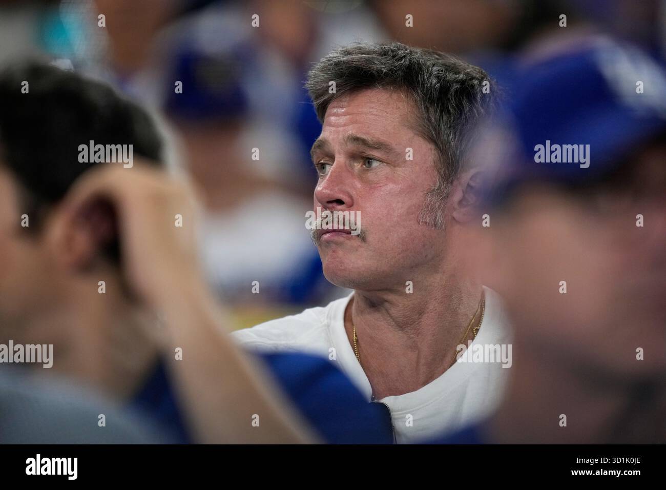 Actor, Brad Pitt watches during the eighth inning in Game 4 of baseball ...