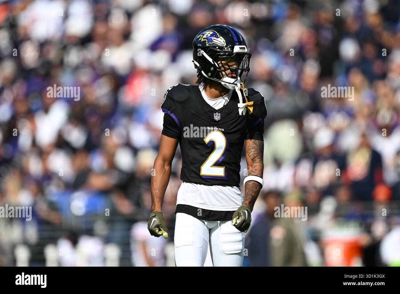 Baltimore Ravens cornerback Nate Wiggins (2) looks on between plays ...