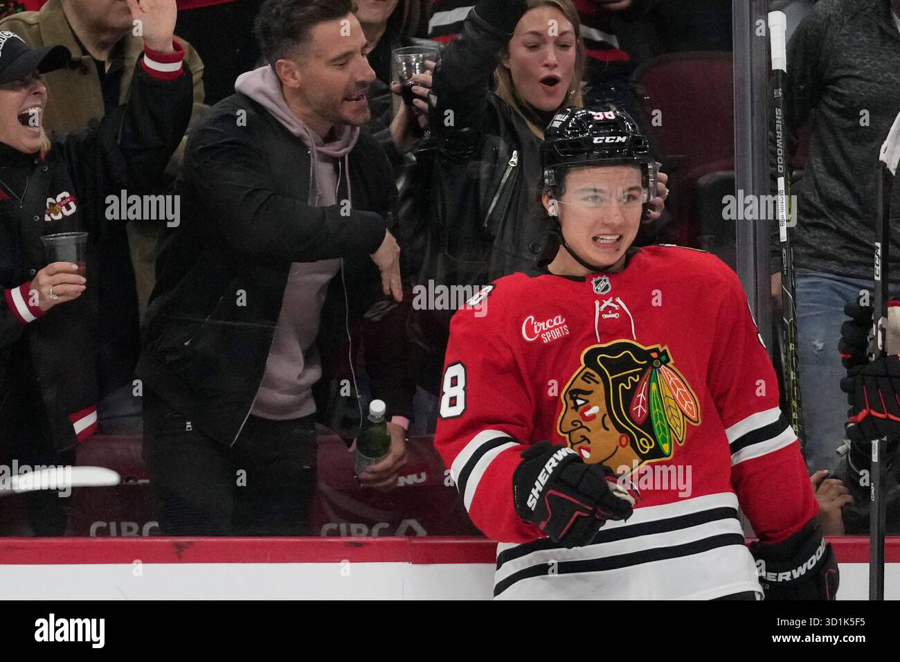 Chicago Blackhawks center Connor Bedard (98) celebrates his hat trick ...