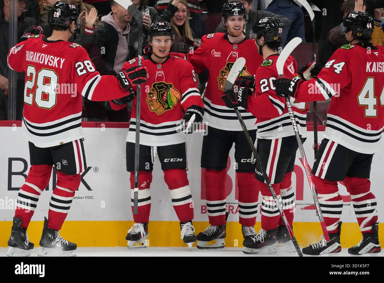 Chicago Blackhawks center Connor Bedard (98) celebrates his hat trick ...