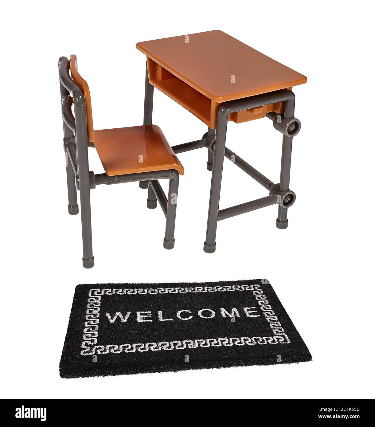 Student Desk for learning with a welcome mat to invite all Stock Photo ...