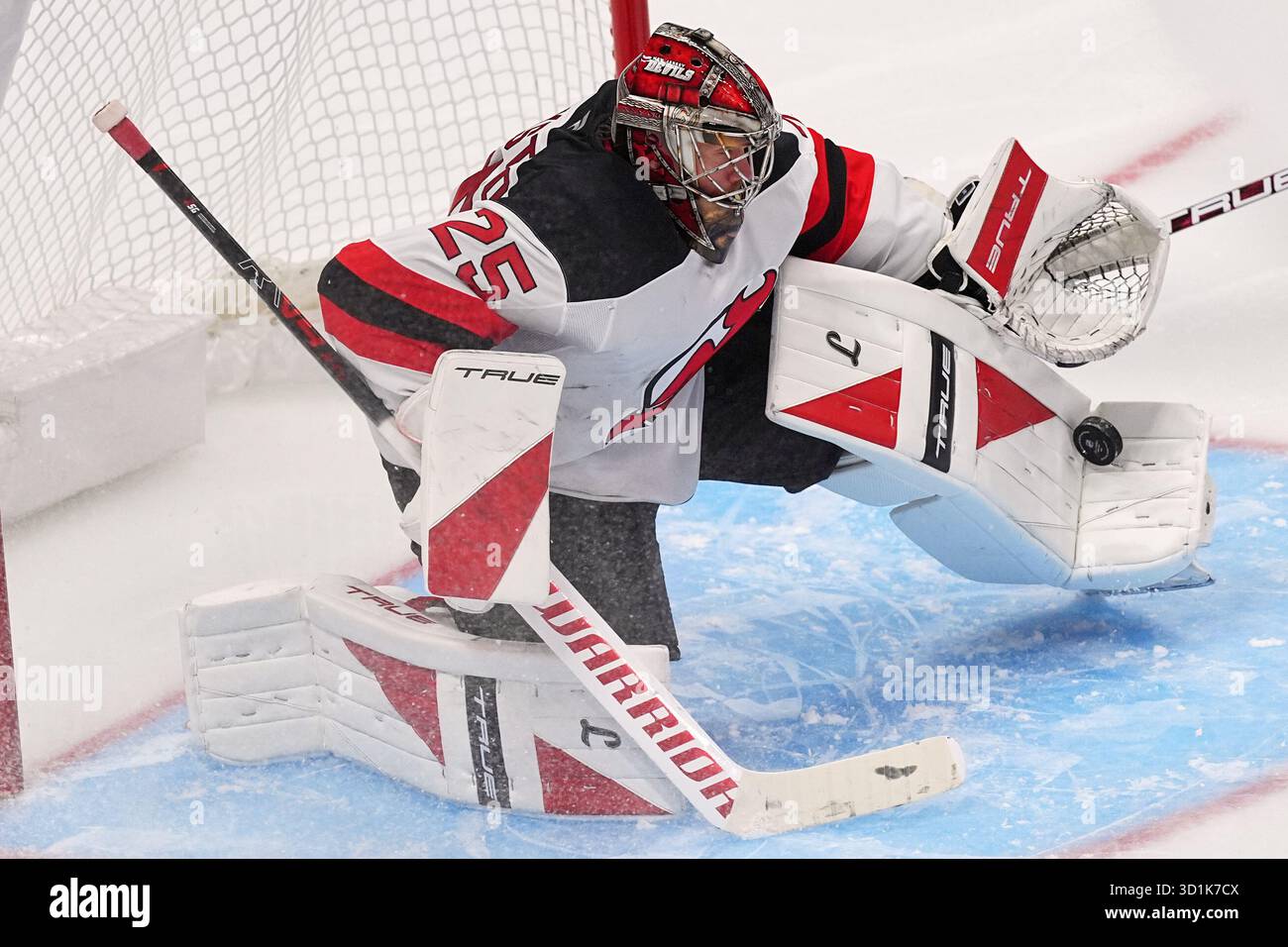 New Jersey Devils goaltender Jacob Markstrom makes a pad save in the ...
