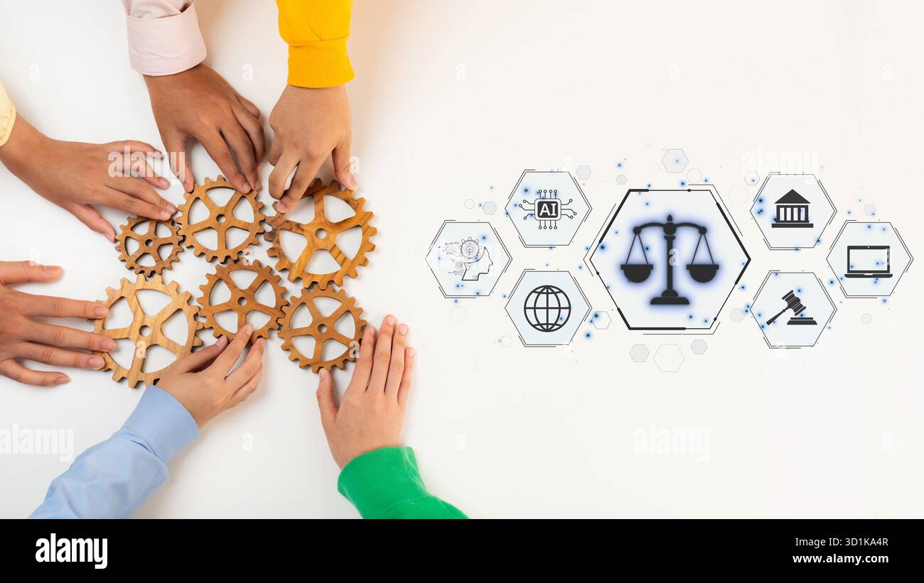 A diverse group of hands collaborates over wooden gears, symbolizing ...