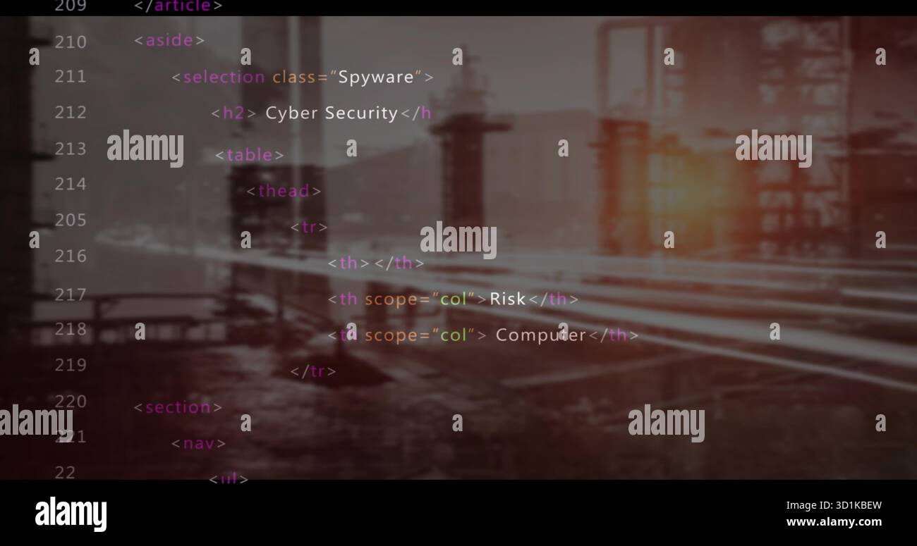 Displaying HTML code overlay blending industrial plant backdrop, with ...