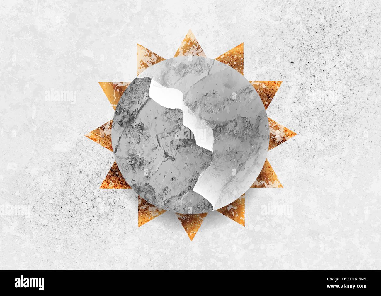 Abstract textured sun with grey cracked circle and golden rays on ...