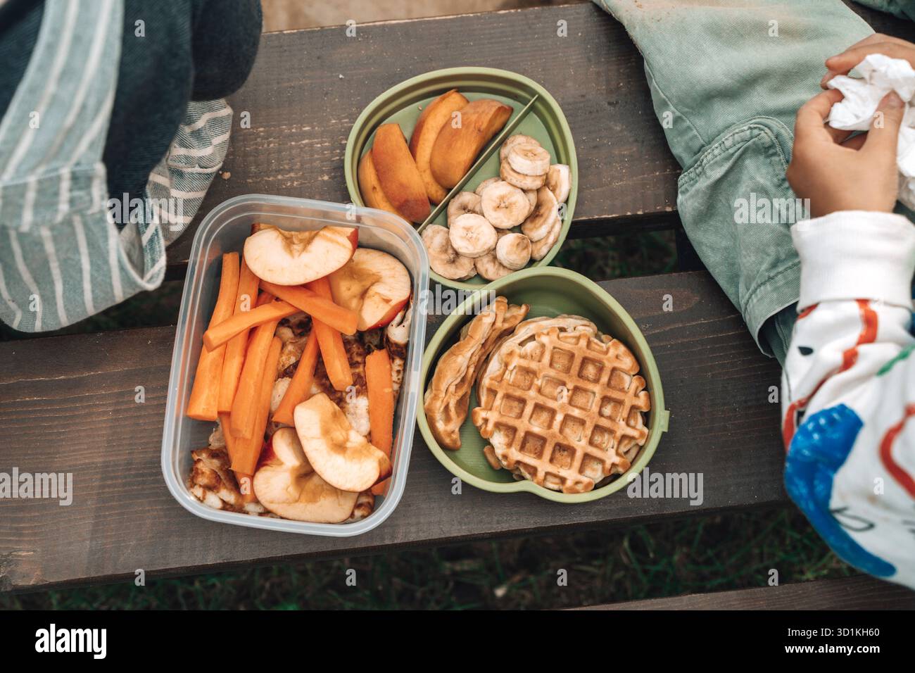 Healthy Kids Lunch Box Outdoors. Food snacks for children on the street ...