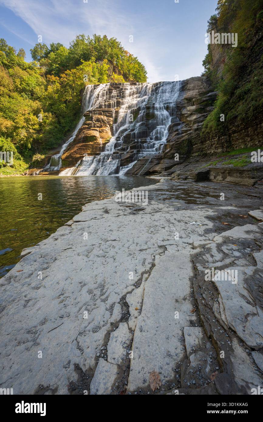 Ithaca Falls cascades over rugged cliffs in the heart of Ithaca, New ...