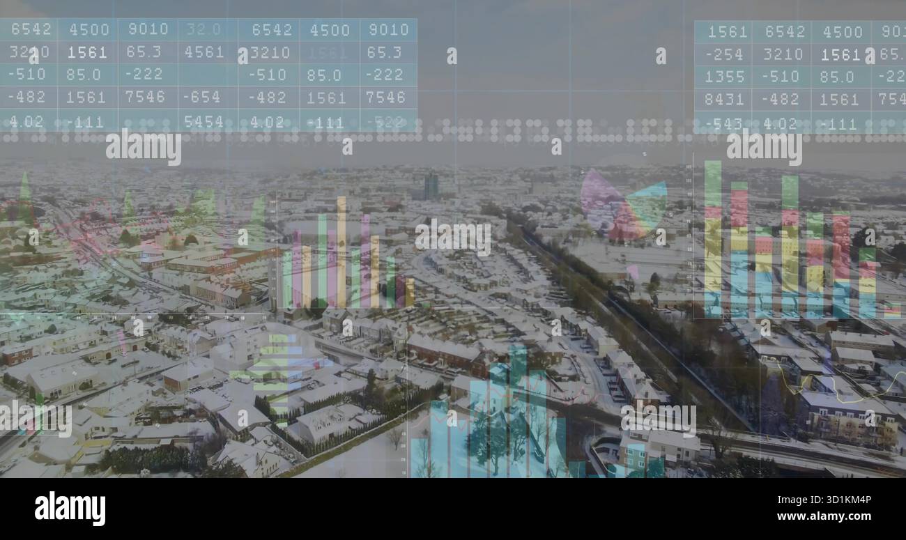 Displaying snowy suburb from aerial view, overlaying translucent bar ...