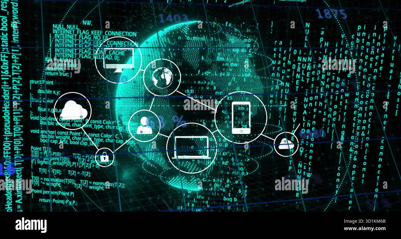 Showing network diagram pulsing code in cyberspace, with cloud globe ...