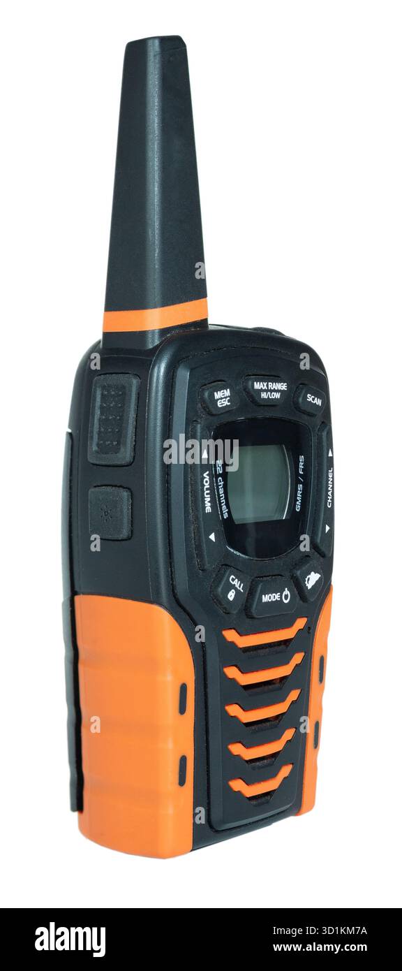 Black and orange walkie-talkie that works on the GMRS and FRS bands ...