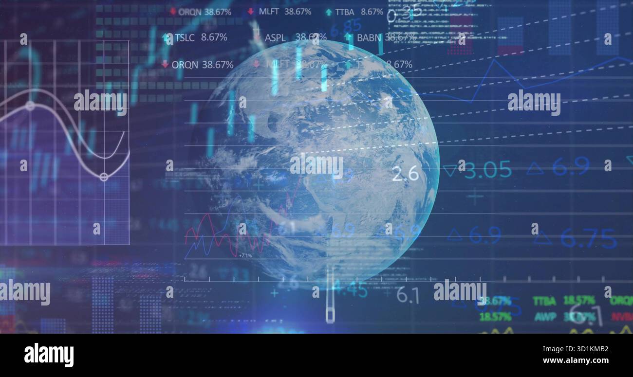 Displaying 3D Earth globe hovering over dashboard, showing line charts ...