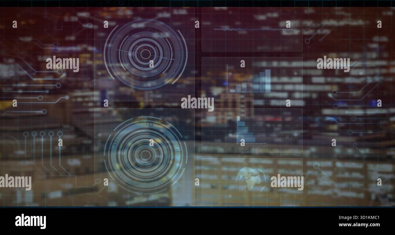 Displaying HUD rings and bar charts in control room with circuit motifs ...