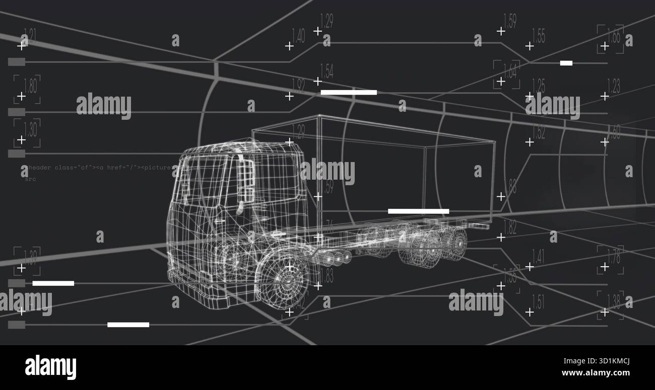 Rotating wireframe cargo truck model in CAD workspace with grid lines ...