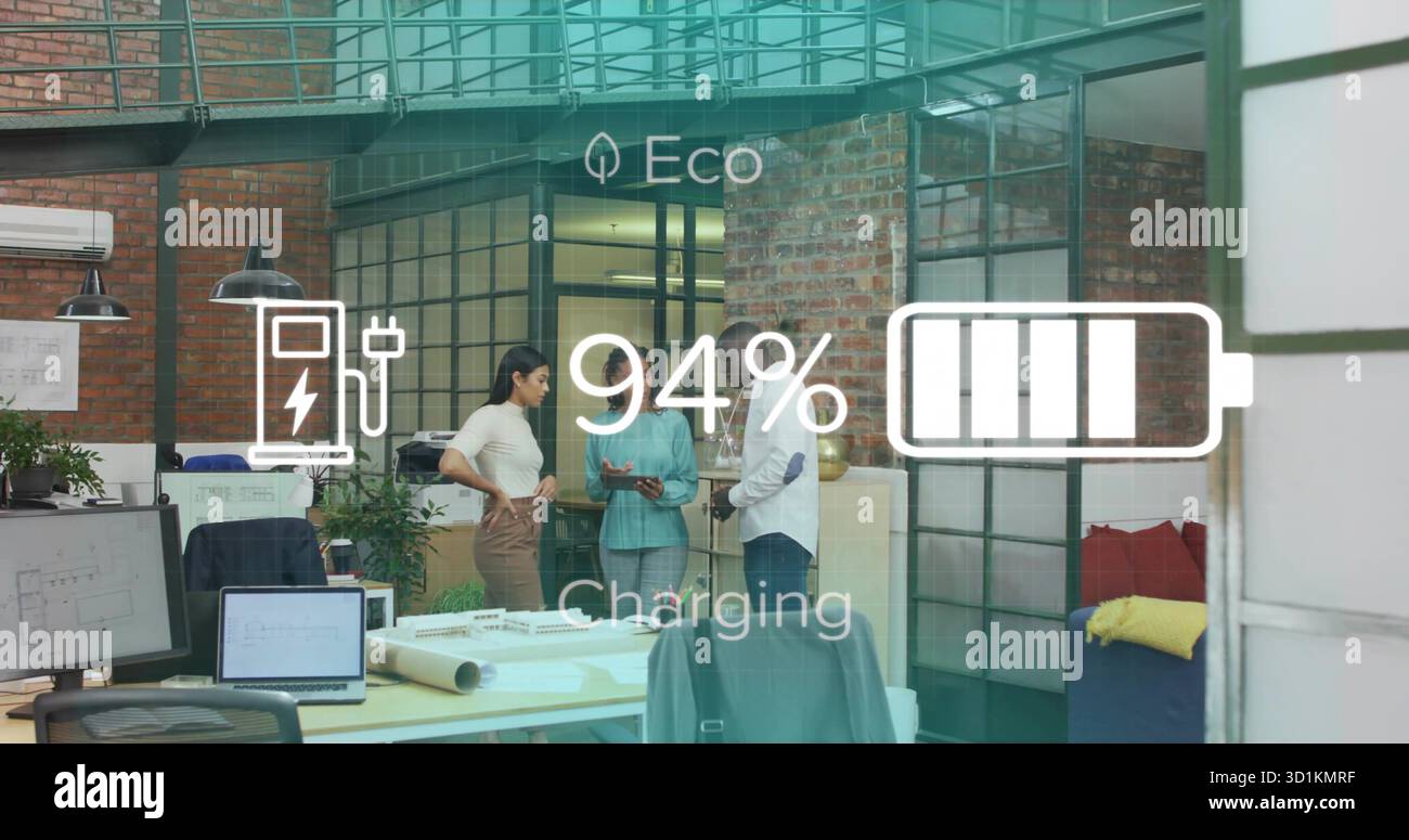 Collaborating trio checking eco charging overlay on tablet and laptops ...