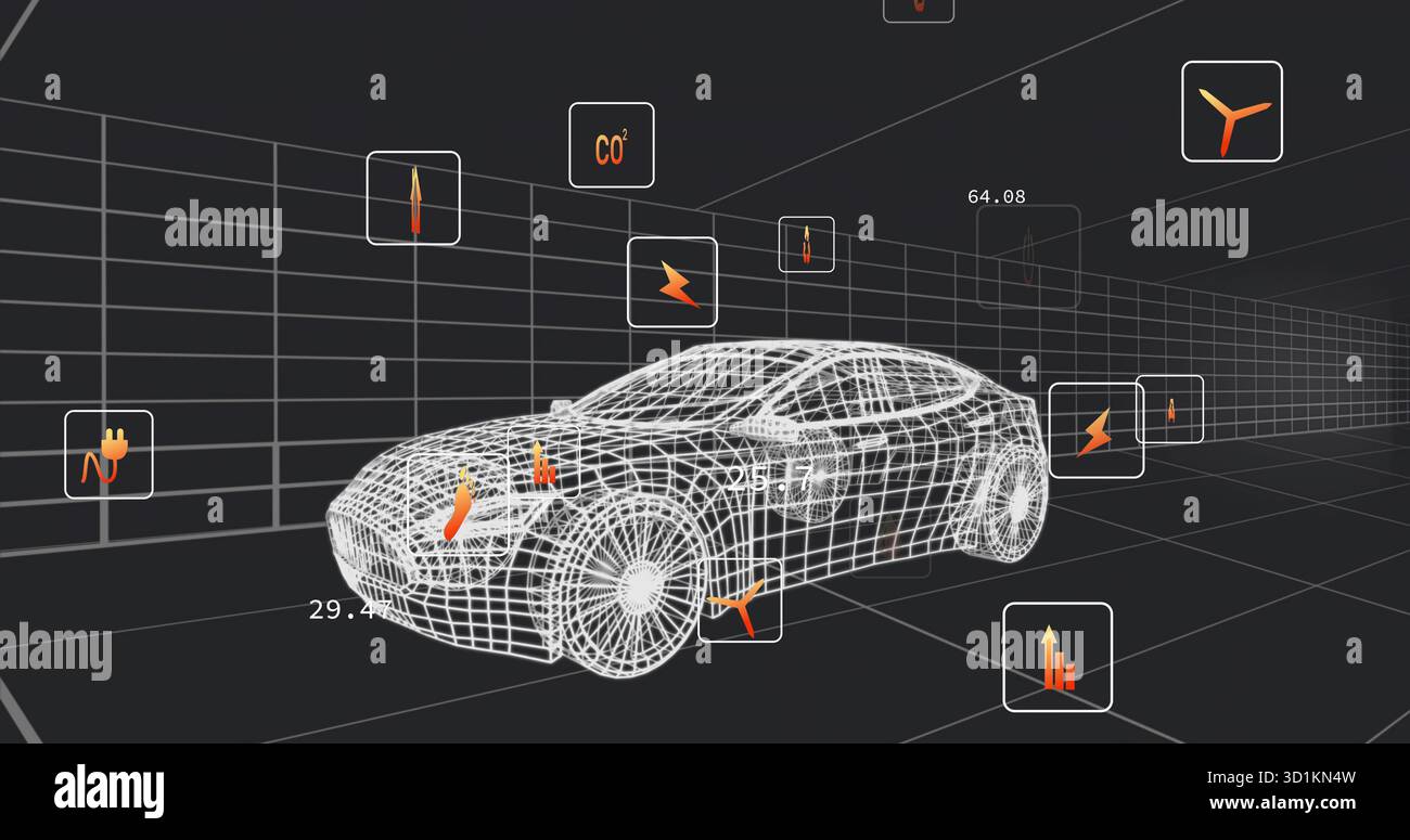 Floating wireframe car model hovering in digital grid space, data ...