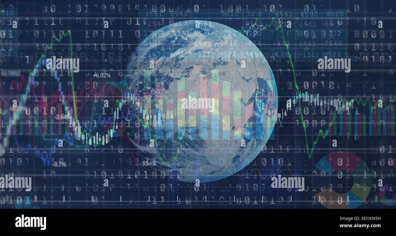 Displaying Earth globe on dark grid with binary code, bar charts, line ...