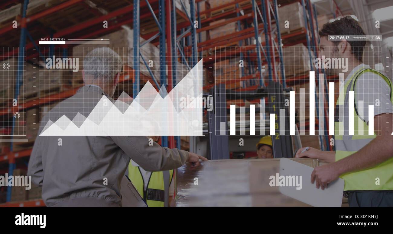 Discussing warehouse workers examining loaded pallet in storage bay ...