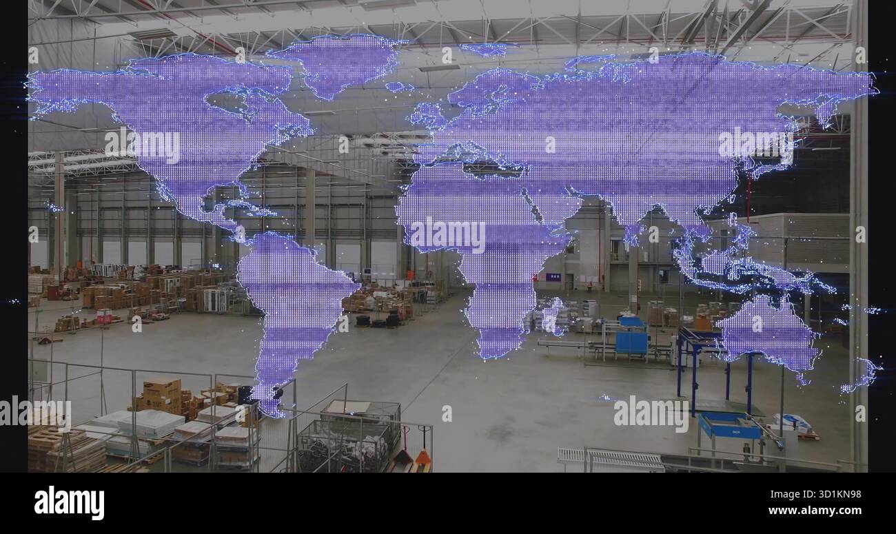 Projecting semi-transparent purple world map overlay across warehouse ...