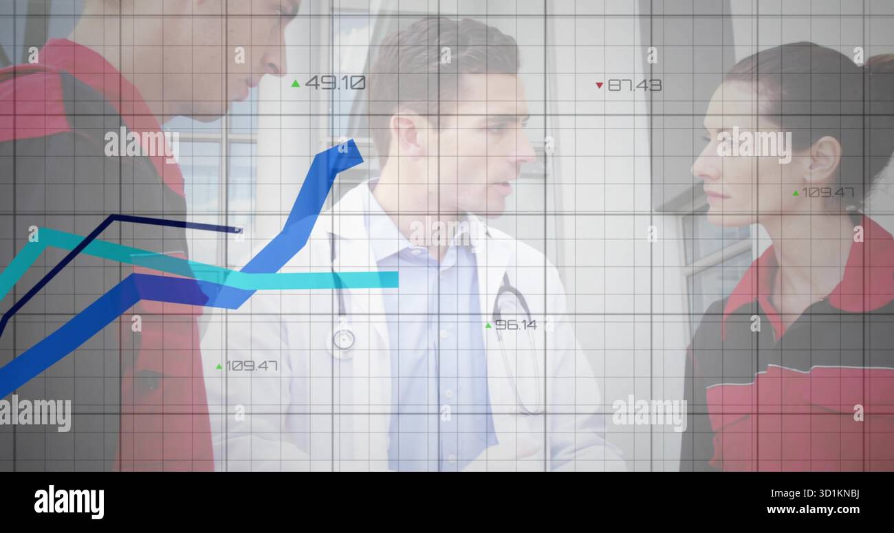 Healthcare team discussing metrics in hospital corridor, with white ...