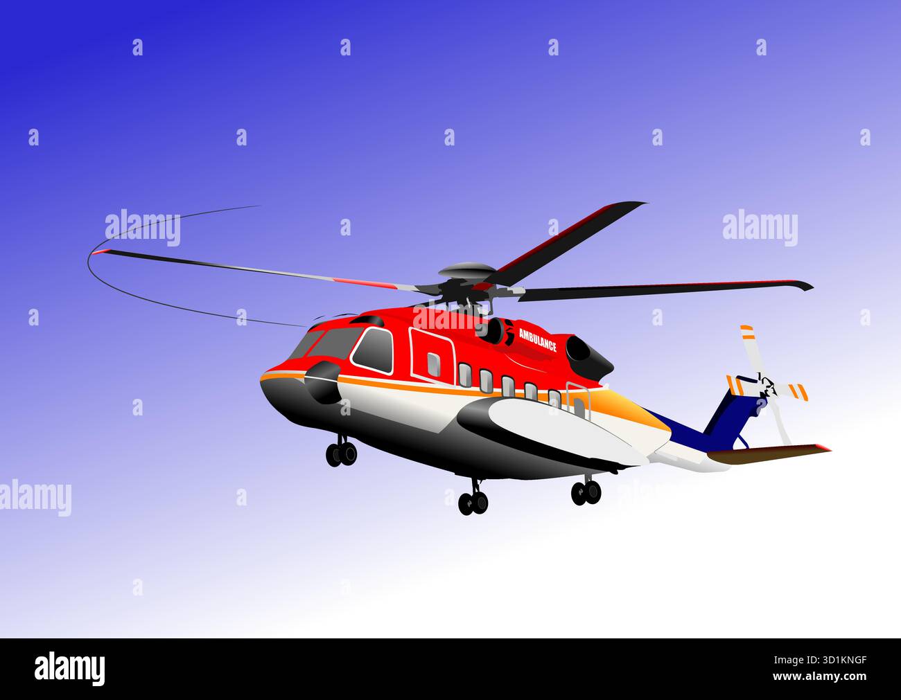 Red and white ambulance helicopter flying in the air, blue sky in the ...