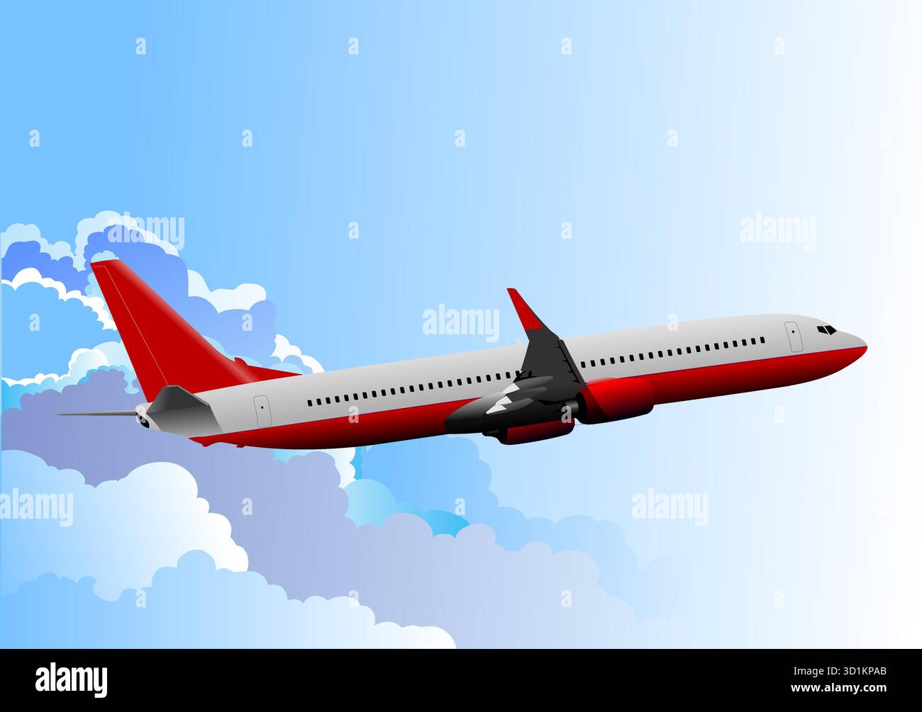 Illustration of a passenger airplane flying up above the clouds on a ...