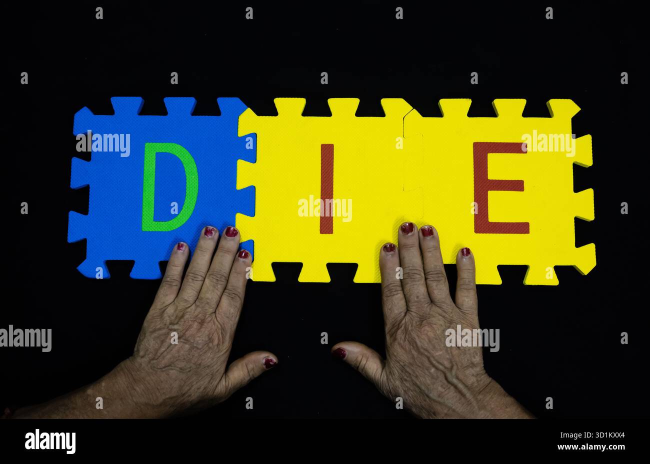 elderly hands with word die for death and end of life concept Stock ...