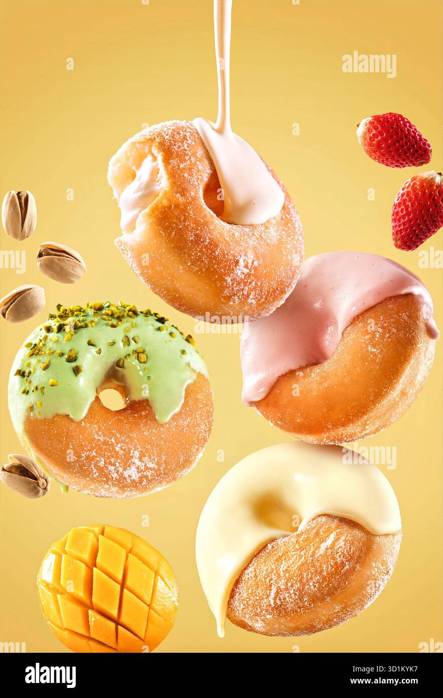 Floating Glazed Donuts with Pistachio Strawberry Mango and Vanilla ...