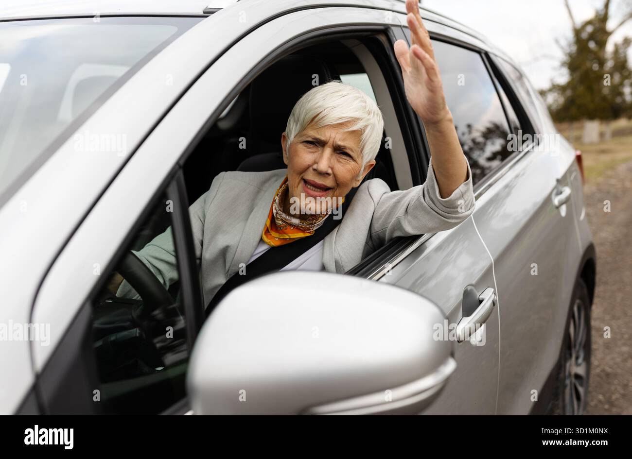 Angry woman with short grey hair yelling from window of her silver car ...