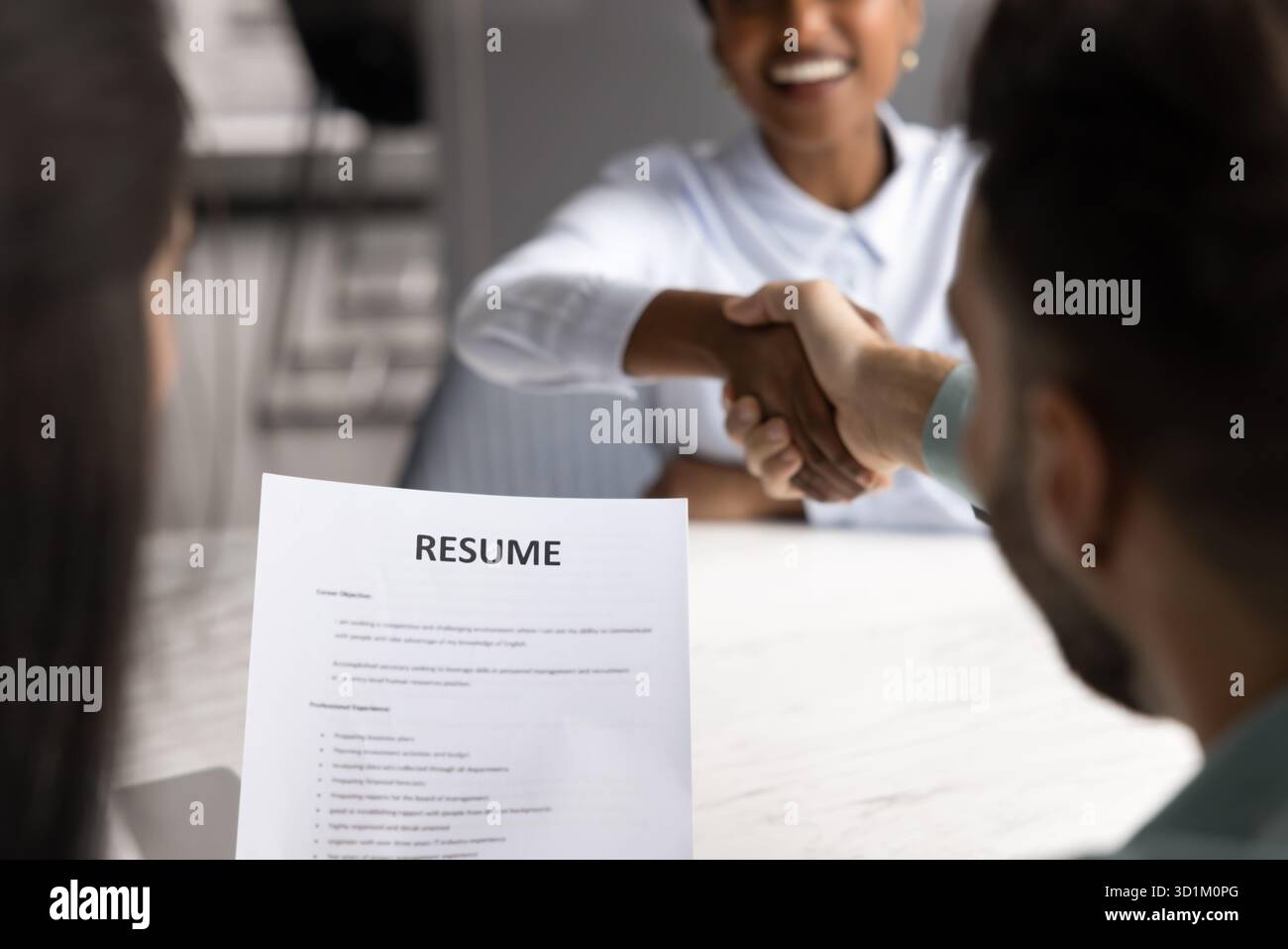 Closeup smiling female applicant shake hands with recruiter after ...