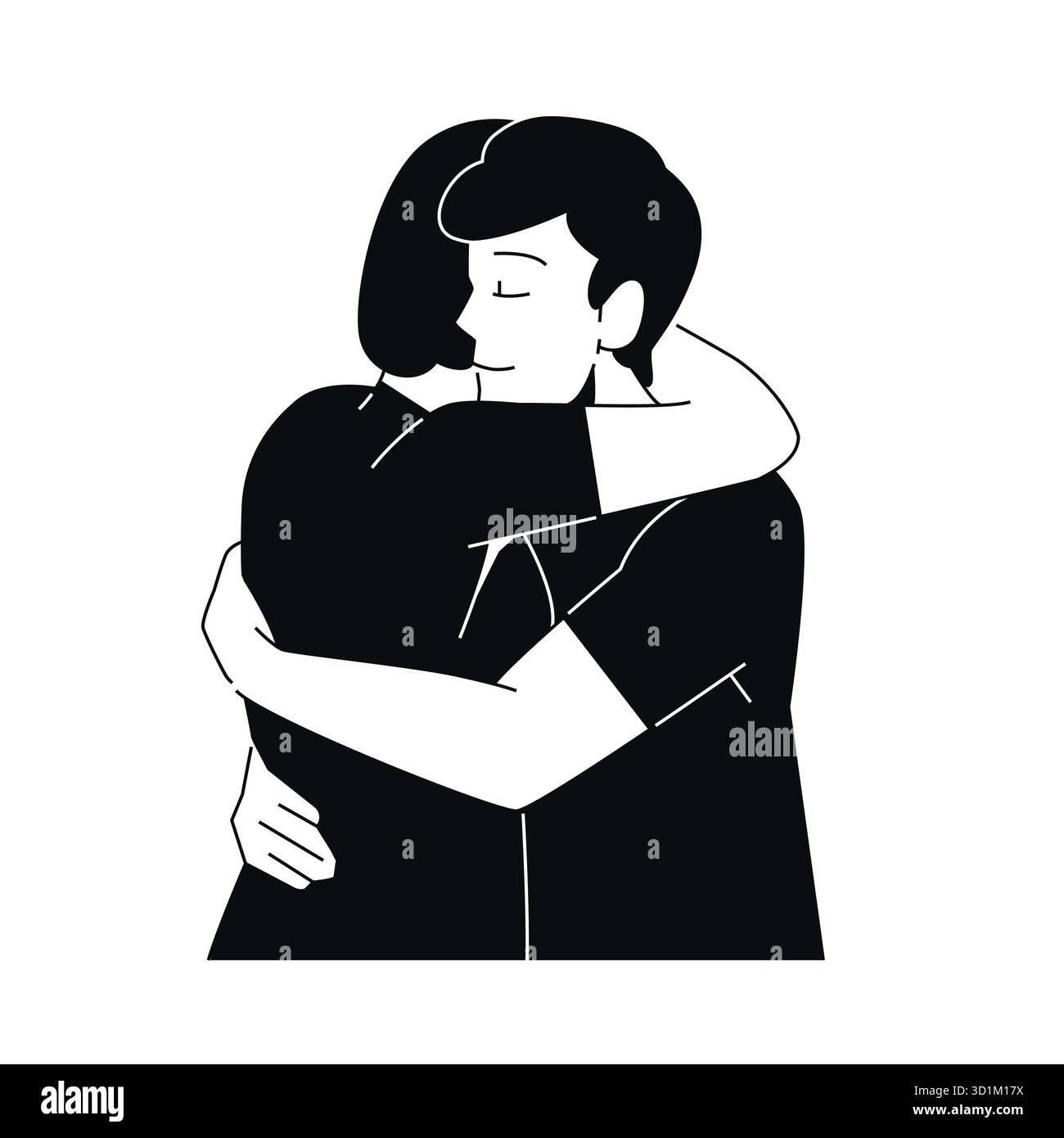 Emotional Hug - Black and White Flat Design Illustration Stock Vector ...