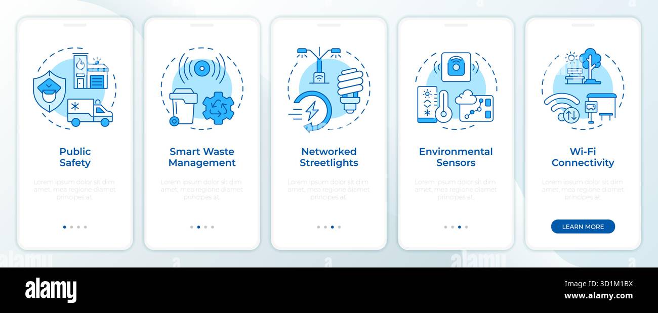 Smart city infrastructure and services blue onboarding mobile app ...