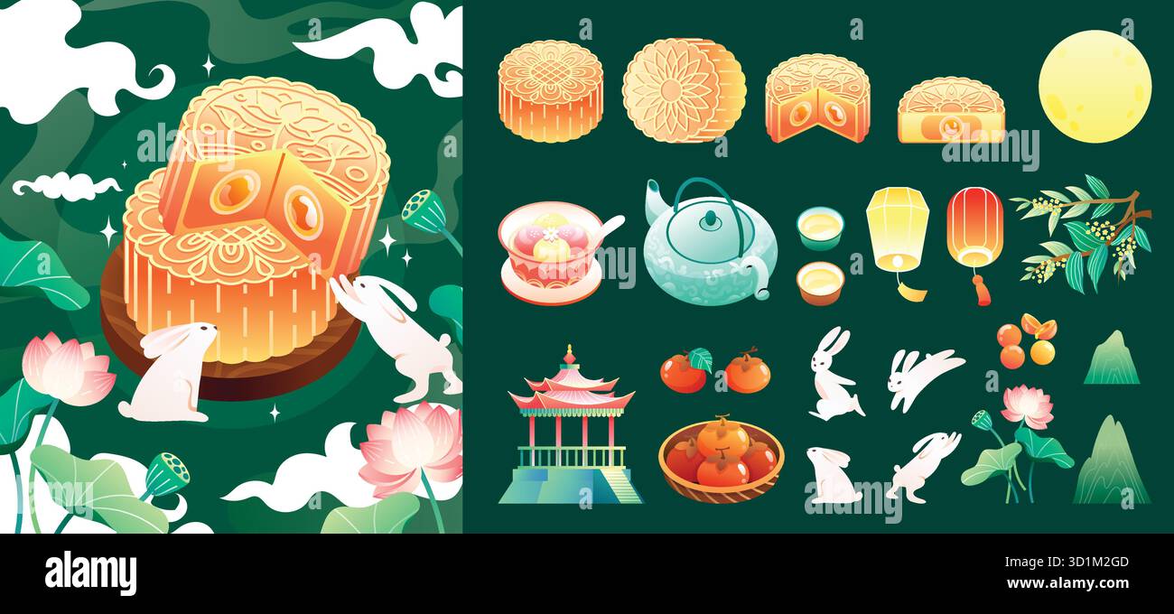 Mid-Autumn icons set with mooncakes rabbits fruit lanterns and teapot ...