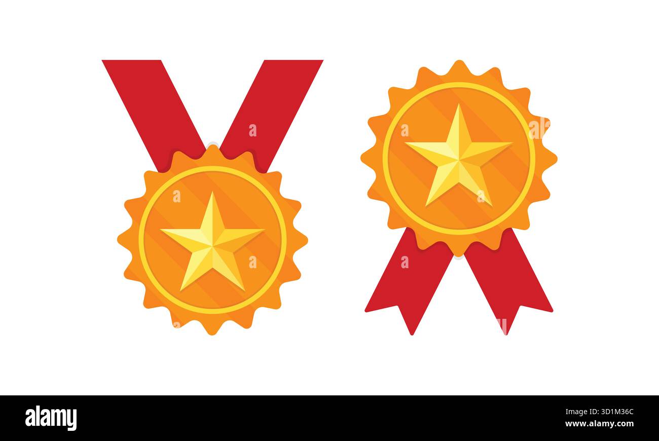 Gold Medal Icons – Red Ribbon Award Symbols with Star Center Design ...