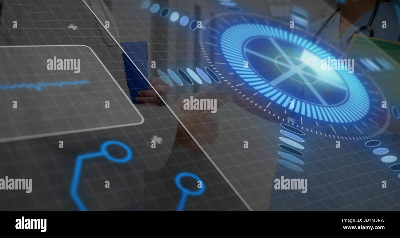 Doctor and patient interacting with circular holographic interface in ...