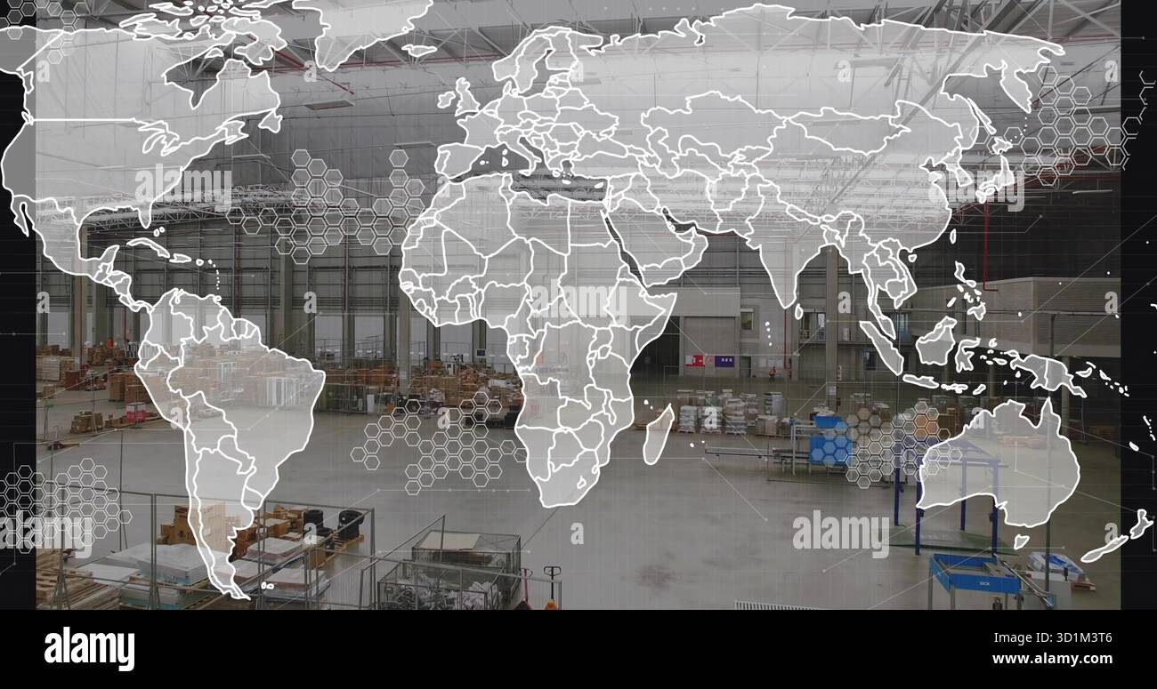 Displaying stylized world map overlay covering industrial hangar ...