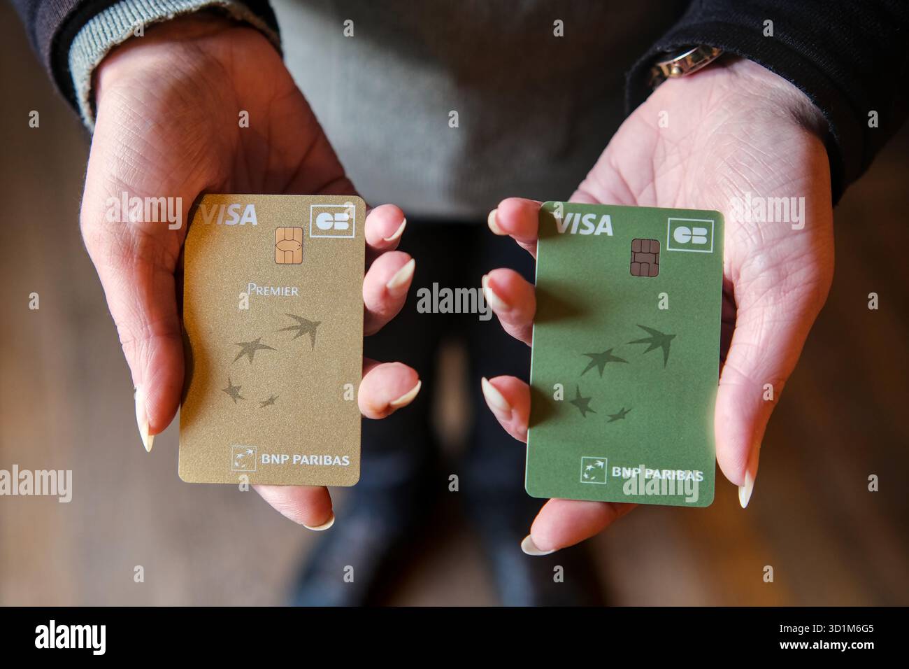 Two BNP Paribas Visa cards held in hands, Premier and classic, with CB ...