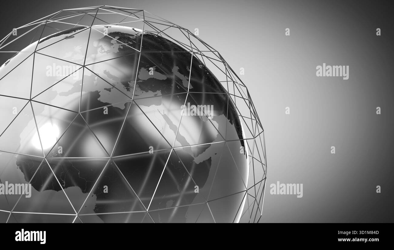 Geometrical world map and wireframe grid, Europe and Africa side - 3D ...