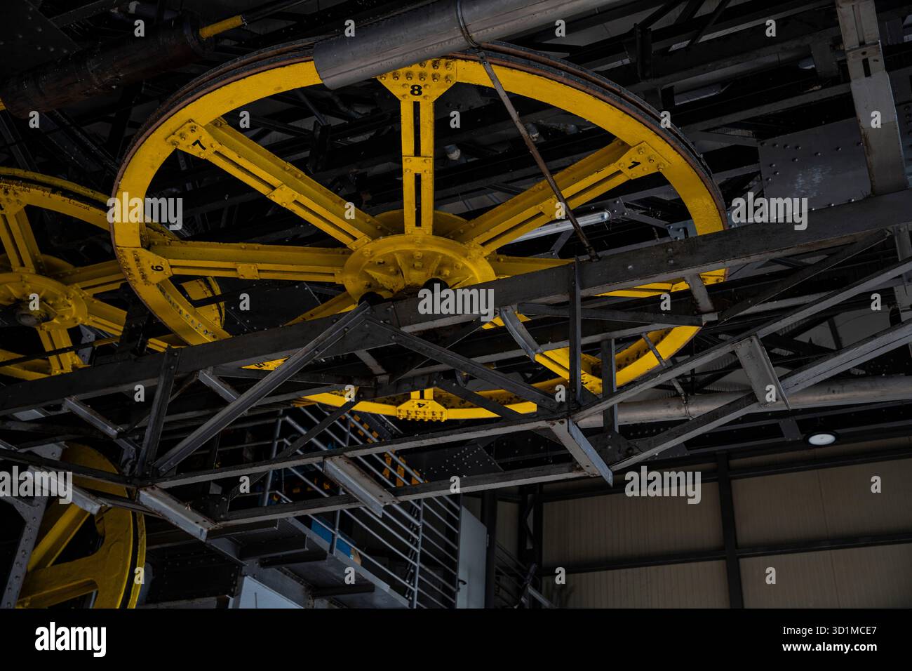 Industrial architecture: details of a machine room with massive wheels ...