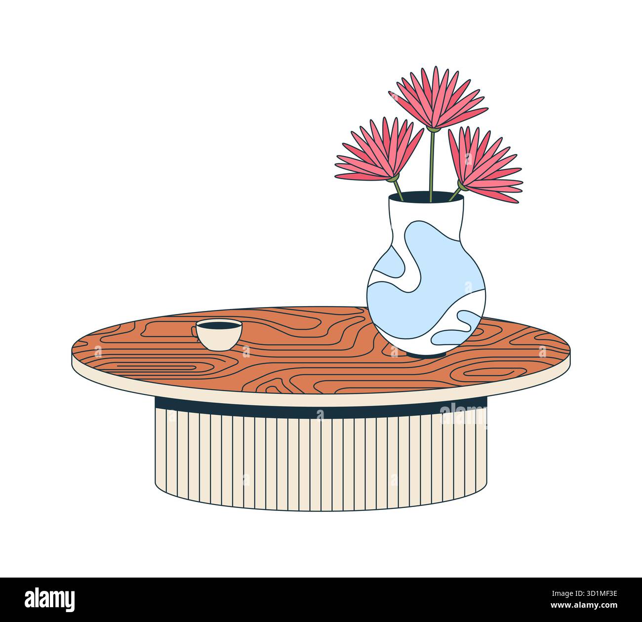 Coffee table with flower vase and cup decor 2D cartoon object Stock ...