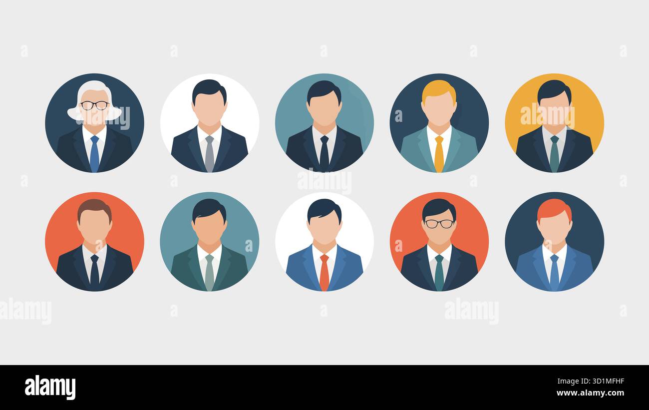Business avatar icon set featuring ten faceless male figures in suits ...