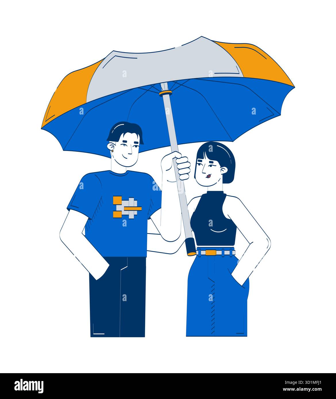 Korean couple standing under protective umbrella 2D doodle characters ...