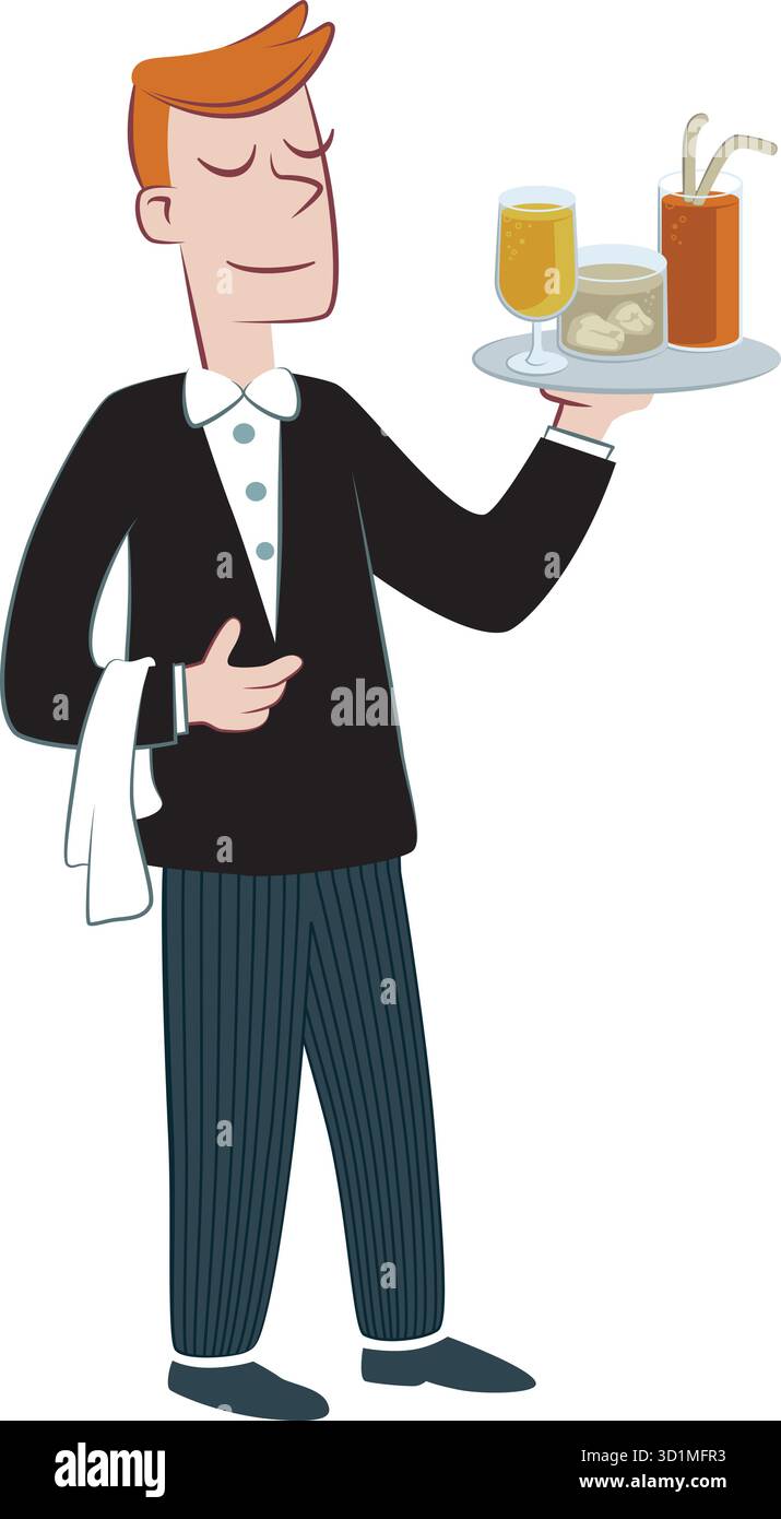 Retro style illustration of a young waiter holding a tray with drinks ...