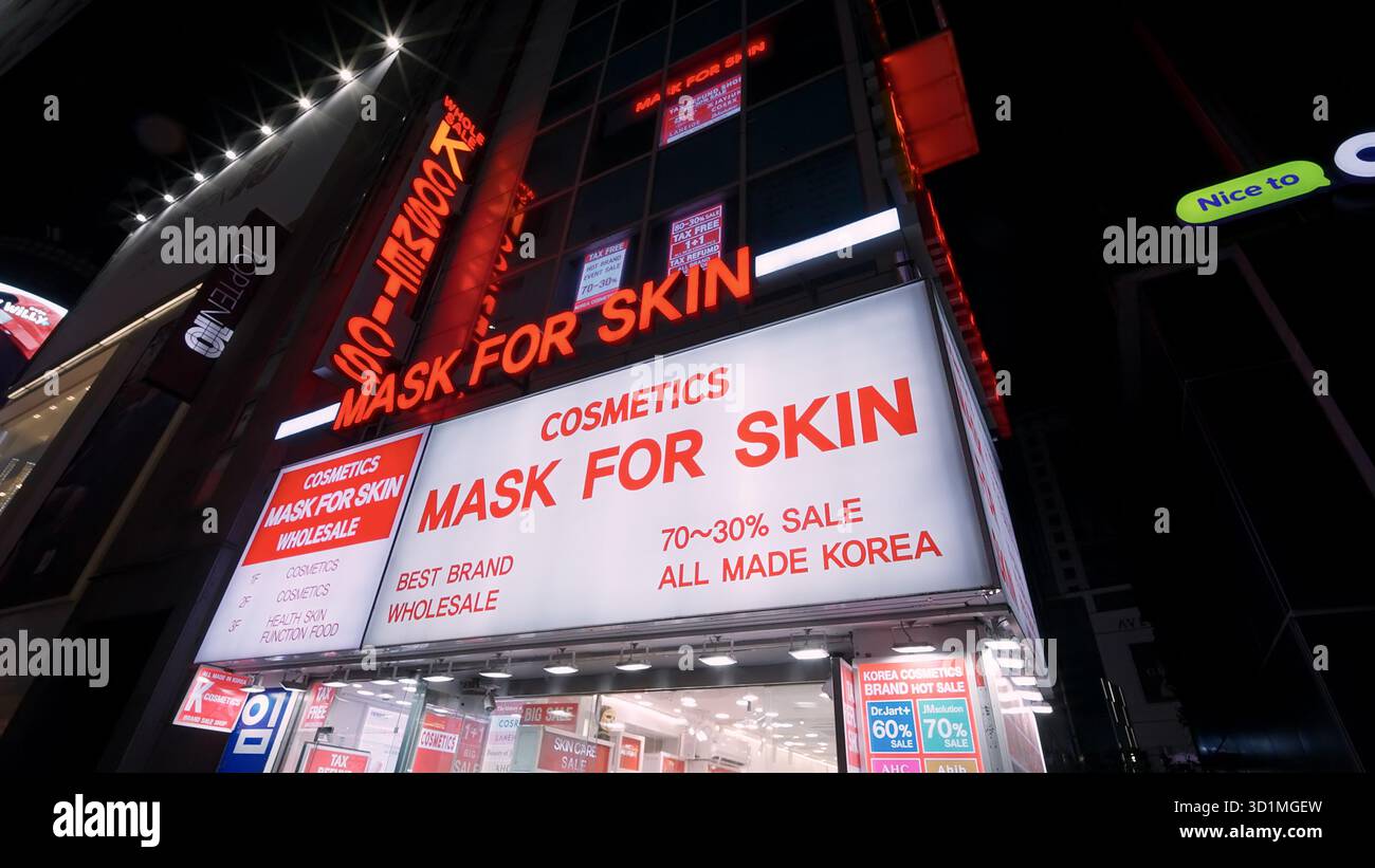 SEOUL, SOUTH KOREA - OCTOBER 11, 2025 - Brightly lit storefront of a K ...