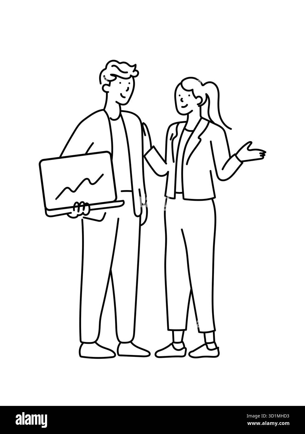 Outline illustration of a man holding a laptop while talking to a ...