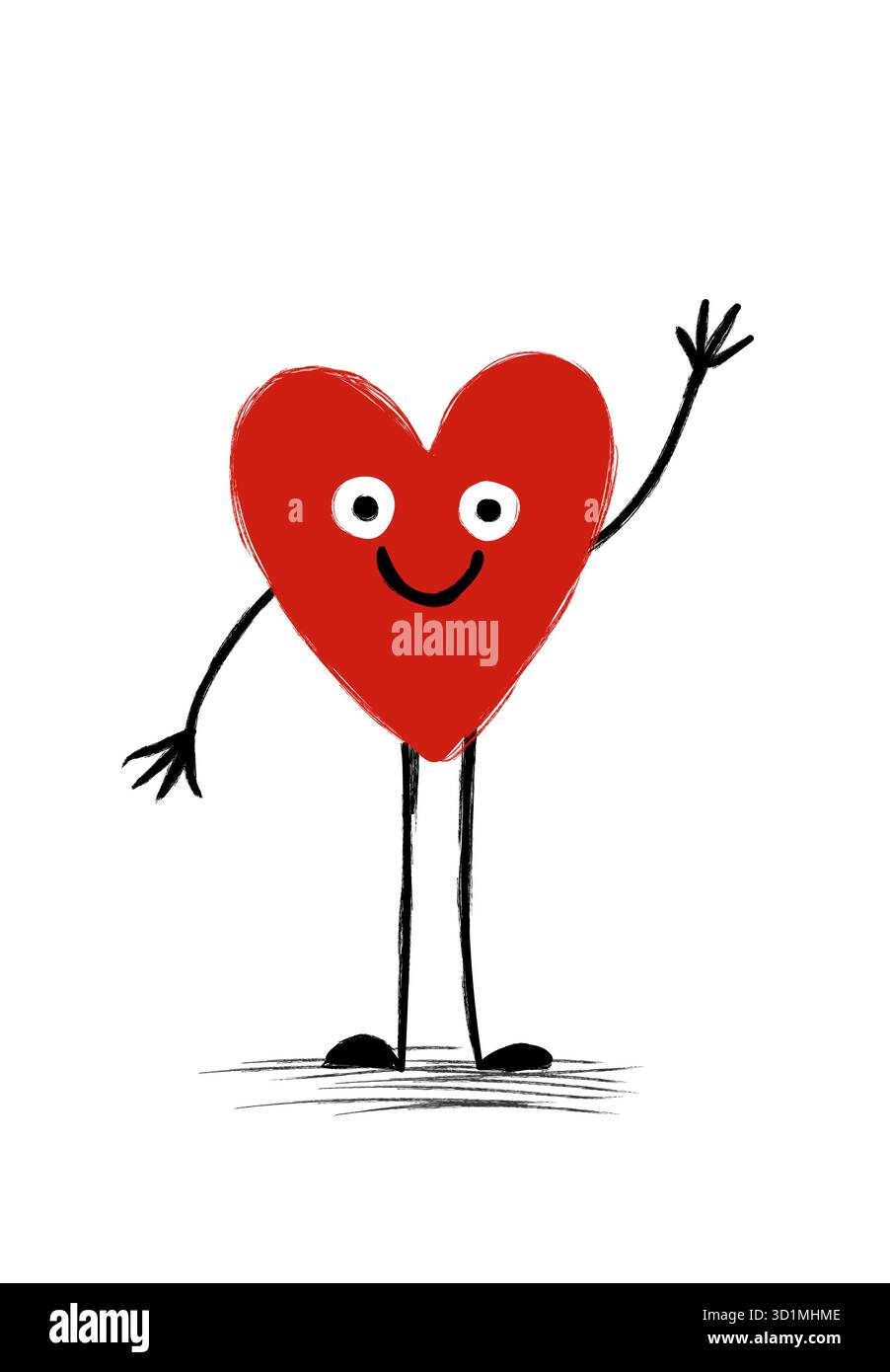 Cheerful red heart character with large white eyes and thin limbs ...
